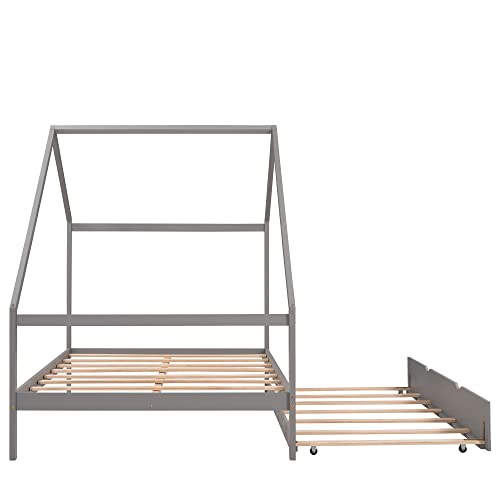 MERITLINE Full House Bed with Trundle, Wooden House Bed Frame with Roof, Full Platform Bed, House Daybed Frame for Toddler,Kids, Teen (Full, Gray)