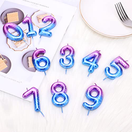 SAVITA 2.37 Inch Numeral Birthday Candle, Number Candle Purple to Blue Gradient Color Glitter Cake Topper for Birthday Party Anniversary Wedding (Number 3)