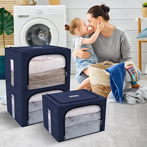 100L Large Capacity Clothes Storage Bag Organizer 3 Pack with Fiberglass Frame Oxford Fabric for Comforters, Blankets, Quilt, Bedding, Stackable Closet Storage Bags Foldable Storage Containers with Reinforced Handle Sturdy Zipper, Clear Window