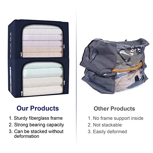 100L Large Capacity Clothes Storage Bag Organizer 3 Pack with Fiberglass Frame Oxford Fabric for Comforters, Blankets, Quilt, Bedding, Stackable Closet Storage Bags Foldable Storage Containers with Reinforced Handle Sturdy Zipper, Clear Window