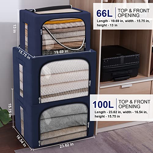 100L Large Capacity Clothes Storage Bag Organizer 3 Pack with Fiberglass Frame Oxford Fabric for Comforters, Blankets, Quilt, Bedding, Stackable Closet Storage Bags Foldable Storage Containers with Reinforced Handle Sturdy Zipper, Clear Window