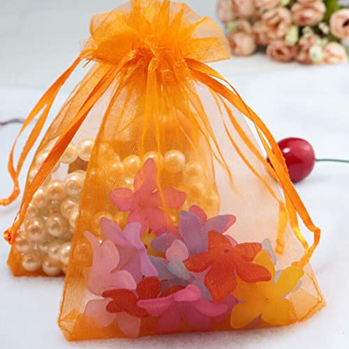 UBGBHO Pack of 100 Organza Gift Bags 5x7 Inch Orange Drawstring for Baby Shower,Christmas,Birthday,Party Favors,Wedding,Room Decor Sheer Fabric Cute Presents Pull String Sachet for Jewelry,Cookie,Coin