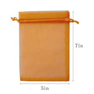 UBGBHO Pack of 100 Organza Gift Bags 5x7 Inch Orange Drawstring for Baby Shower,Christmas,Birthday,Party Favors,Wedding,Room Decor Sheer Fabric Cute Presents Pull String Sachet for Jewelry,Cookie,Coin