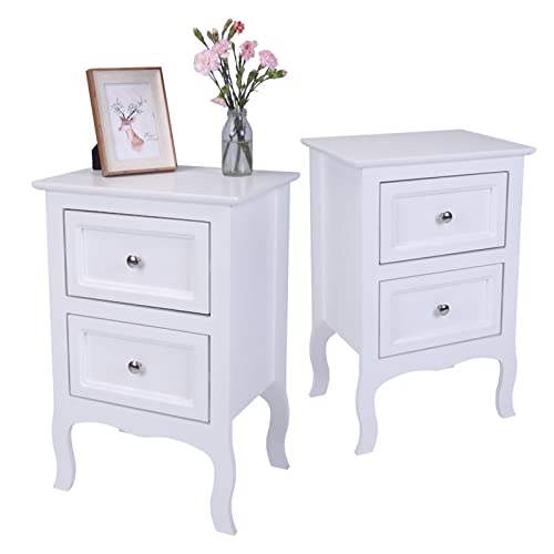 VERYKE White Nightstand Set of 2 with 2 Drawers Small Bed Side Cabinet Storage with Metal Handle Farmhouse Night Stands for Small Spaces,Living Room,Bedroom