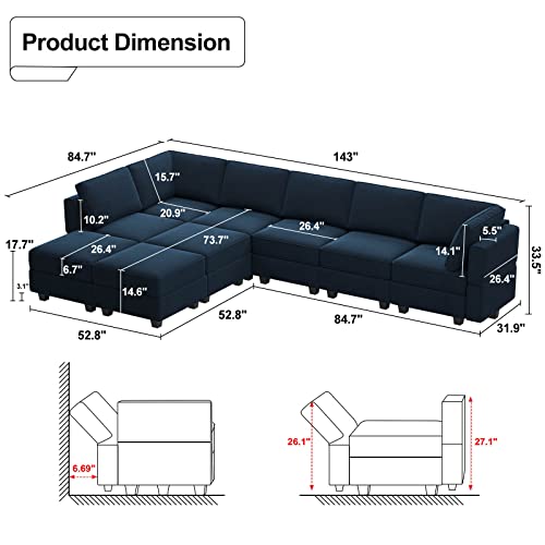 Belffin Modular Convertible Sectional Sofa with Reversible Double Chaises Velvet L Shaped Convertible Couch with Storage Blue