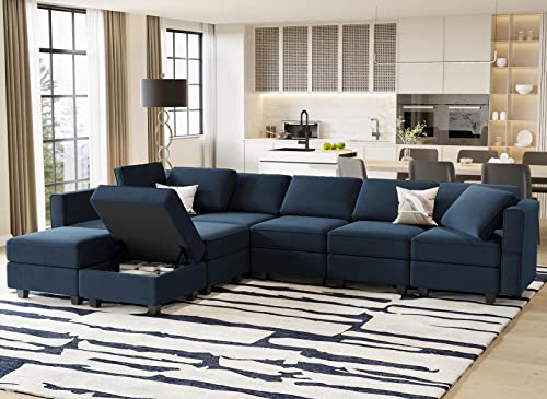 Belffin Modular Convertible Sectional Sofa with Reversible Double Chaises Velvet L Shaped Convertible Couch with Storage Blue