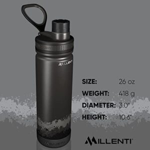 Millenti Gym Water-Bottle Black Spout-Cap - 26oz Vacuum Insulated, Stainless Steel, Double Walled, Thermos Flask Bottles (Serenity Black) WB0626B