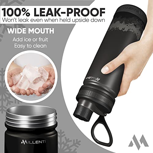 Millenti Gym Water-Bottle Black Spout-Cap - 26oz Vacuum Insulated, Stainless Steel, Double Walled, Thermos Flask Bottles (Serenity Black) WB0626B