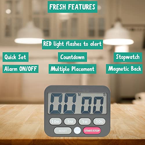 Searon Digital Countdown Kitchen Timer, 3.3" LCD Display, Quick Setting, Alarm On/Off LED Flashing Alarm, Magnets and Stand for Cooking Classroom Kids Homework Fitness