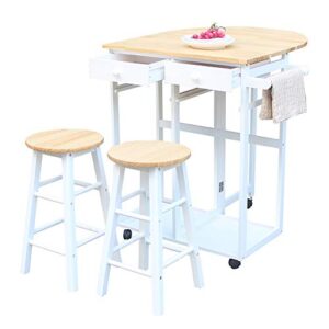 LOVINE Small Dining Tables for Small Spaces,with 2 Square Stools and 2 Drawers Solid Wood Kitchen Table and Chair Set