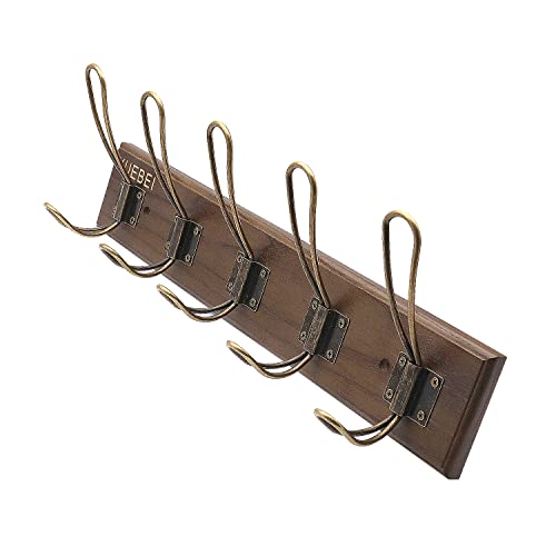 XUEBEI Rustic Wall Mounted Coat Rack Shelf-Brown Wooden Country Style 16" with 5 Rustic Hooks-Solid Wood Forkitchen,Bedroom Hanging Clothes,Hats,Purse, Keys (C-Bronze Hook)