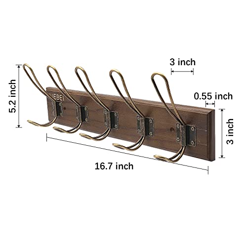 XUEBEI Rustic Wall Mounted Coat Rack Shelf-Brown Wooden Country Style 16" with 5 Rustic Hooks-Solid Wood Forkitchen,Bedroom Hanging Clothes,Hats,Purse, Keys (C-Bronze Hook)