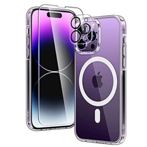 tauri [5 in 1 magnetic case for iphone 14 pro [military grade drop protection] with 2x screen protector +2x camera lens protector, transparent slim fit designed for magsafe case-clear