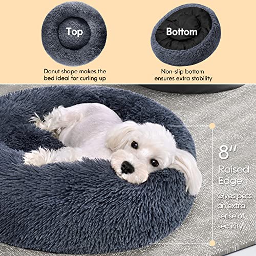 Calming Dog Bed for Small Dogs, Comfort Donut Dog Beds for Medium Large Dogs, Soft Anti-Anxiety Pet Bed for Dogs & Cats, Washable Fluffy Faux Fur Dog Cat Round Bed, Cute Puppy Cushion Bed