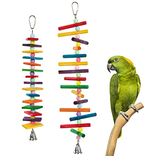 MEWTOGO 2Pcs Bird Toys, Parrots Toys with Bells and Plastic Beads, Colourful Natural Wooden Blocks in 2 Shapes for Cockatoos Cockatiel African Grey Macaws and Amazon Parrots