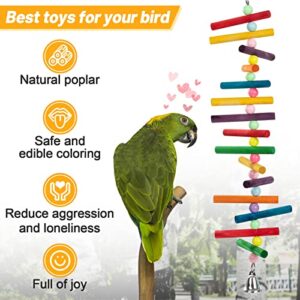 MEWTOGO 2Pcs Bird Toys, Parrots Toys with Bells and Plastic Beads, Colourful Natural Wooden Blocks in 2 Shapes for Cockatoos Cockatiel African Grey Macaws and Amazon Parrots