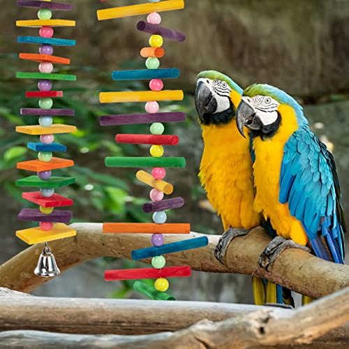 MEWTOGO 2Pcs Bird Toys, Parrots Toys with Bells and Plastic Beads, Colourful Natural Wooden Blocks in 2 Shapes for Cockatoos Cockatiel African Grey Macaws and Amazon Parrots