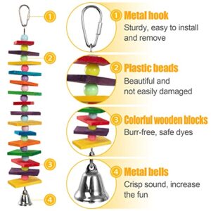 MEWTOGO 2Pcs Bird Toys, Parrots Toys with Bells and Plastic Beads, Colourful Natural Wooden Blocks in 2 Shapes for Cockatoos Cockatiel African Grey Macaws and Amazon Parrots