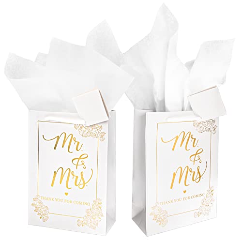 ECOHOLA Wedding Party Gift Bags with White Tissue Papers, 12 Pieces Metallic Gold Foil Fancy Wedding Gift bags for Wedding Bridal Shower, Bridesmaid Gift Bags, Groomsmen Gift Bags Party Proposal Bags with Tag, 8"X5.5"X2.5"