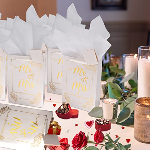 ECOHOLA Wedding Party Gift Bags with White Tissue Papers, 12 Pieces Metallic Gold Foil Fancy Wedding Gift bags for Wedding Bridal Shower, Bridesmaid Gift Bags, Groomsmen Gift Bags Party Proposal Bags with Tag, 8"X5.5"X2.5"