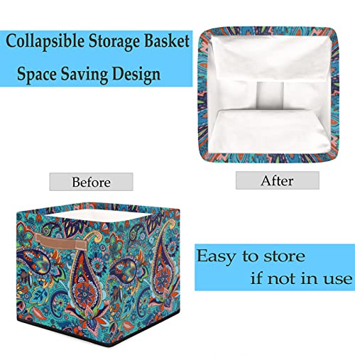 Storage Cube Bins Ethnic Paisley Large Collapsible Storage Basket with Handle Decorative Storage Boxes for Toys Organizer Closet Shelf Nursery Kid Bedroom,13x13x13