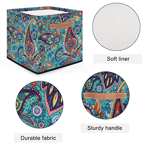 Storage Cube Bins Ethnic Paisley Large Collapsible Storage Basket with Handle Decorative Storage Boxes for Toys Organizer Closet Shelf Nursery Kid Bedroom,13x13x13