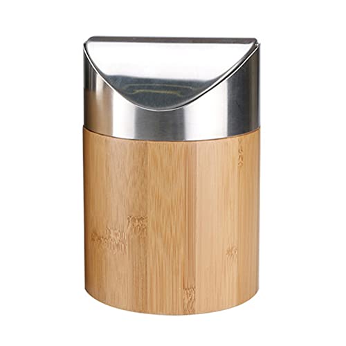 Bamboo Tabletop Trash Can with Lid, Small, Trash Can, Dust Box, Compact, Stylish, Stainless Steel, Bamboo, Natural