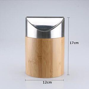 Bamboo Tabletop Trash Can with Lid, Small, Trash Can, Dust Box, Compact, Stylish, Stainless Steel, Bamboo, Natural