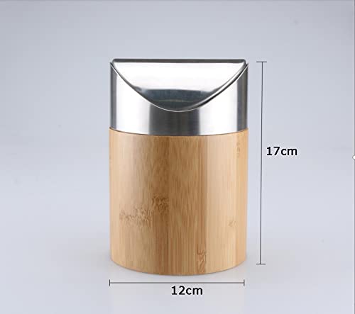 Bamboo Tabletop Trash Can with Lid, Small, Trash Can, Dust Box, Compact, Stylish, Stainless Steel, Bamboo, Natural