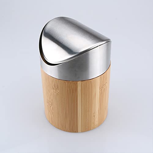 Bamboo Tabletop Trash Can with Lid, Small, Trash Can, Dust Box, Compact, Stylish, Stainless Steel, Bamboo, Natural