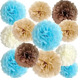 ansomo blue and tan brown tissue paper pom poms party decorations flowers wall hanging bear baby shower boy khaki décor 1st birthday supplies 12pcs