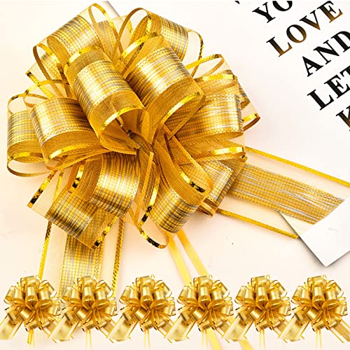 6 PCS Large Pull Bows, Gift Wrapping Bows, Gift Wrapping Ribbon Pull Bows Gift Bows for Wedding Gift Baskets, Party Gift Wrap Bows, Presents Decorating Bows, Holiday Decoration (Gold)