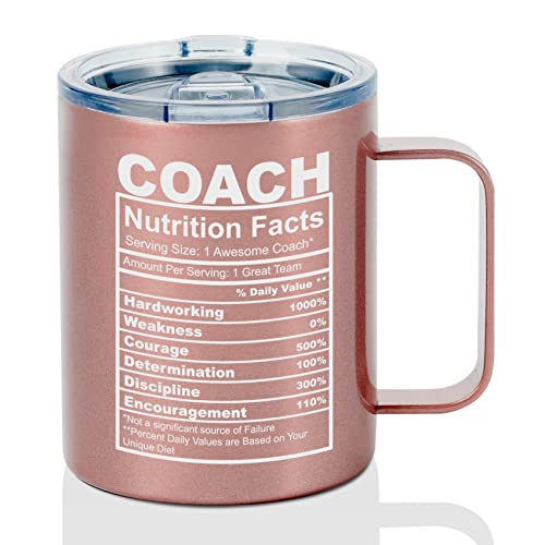 Onebttl Coach Gifts, Funny Gift Idea for Appreciation, Christmas, Birthday, 12oz Stainless Steel Insulated Travel Coffee Mug - Coach Nutriton Facts RoseGold