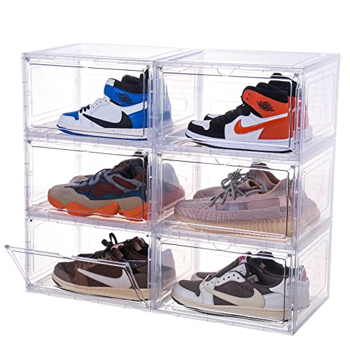 Attelite Large Clear Shoe Box Plastic Stackable, Shoe Containers Shoe Storage Organizer Box with Magnetic Door, Side Open Shoe Box for Display Sneakers, Easy Assembly,6 Pack