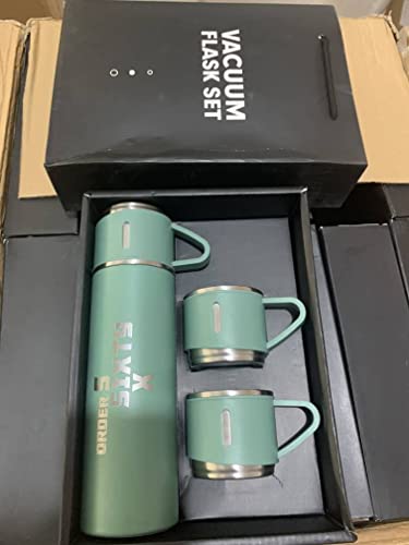 [steel Luxurious gift package] Double-wall stainless steel vacuum thermos flask with Silicone Handle and Insulated lid set with 2 stainless steel cups for hot and cold beverages(Beige)