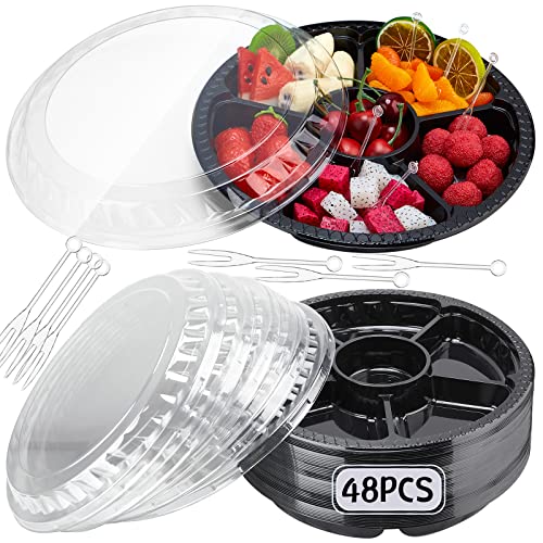 Mimorou 48 Pcs Round Plastic Veggie Tray with Lid, Disposable Serving Tray, Fruit 6 Sectional Appetizer Lid & Forks, Catering Trays for Snack Party Buffet