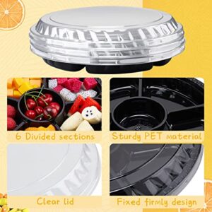 Mimorou 48 Pcs Round Plastic Veggie Tray with Lid, Disposable Serving Tray, Fruit 6 Sectional Appetizer Lid & Forks, Catering Trays for Snack Party Buffet