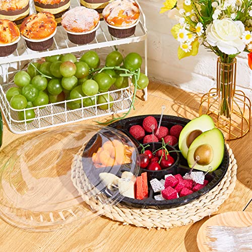 Mimorou 48 Pcs Round Plastic Veggie Tray with Lid, Disposable Serving Tray, Fruit 6 Sectional Appetizer Lid & Forks, Catering Trays for Snack Party Buffet