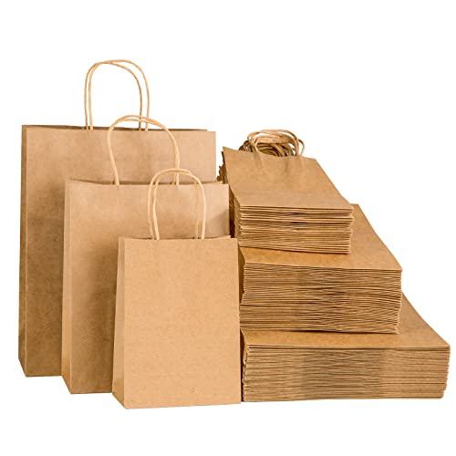 100pcs Brown Kraft Paper Bags with Handles Mixed Size Gift Bags Bulk,Craft Grocery Shopping Retail Birthday Party Favors Wedding Sacks Restaurant Takeout, Business