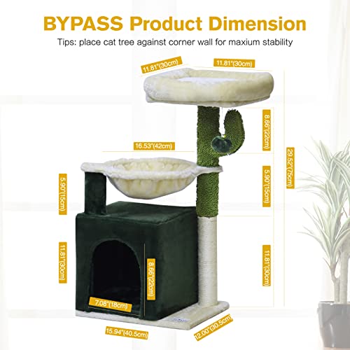 BYPASS Cat Tree 30" Cactus Cat Tower with Sisal Scratching Post for Indoor Cats, Cozy Condo with Hammock, Plush Perches and Dangling Ball, Cat Furniture for Kittens Small Cats