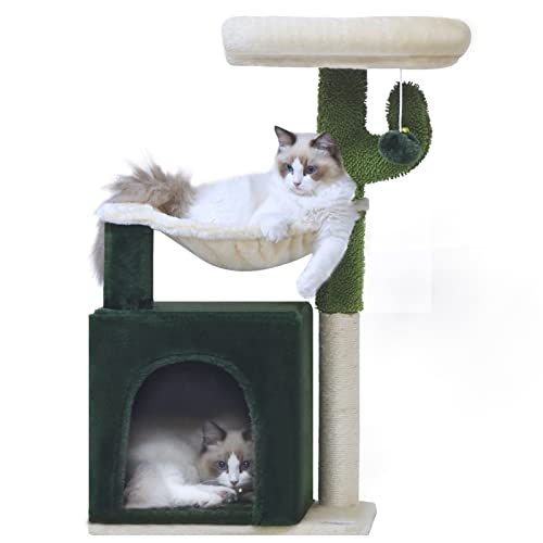 BYPASS Cat Tree 30" Cactus Cat Tower with Sisal Scratching Post for Indoor Cats, Cozy Condo with Hammock, Plush Perches and Dangling Ball, Cat Furniture for Kittens Small Cats