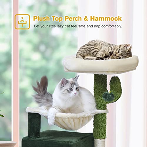 BYPASS Cat Tree 30" Cactus Cat Tower with Sisal Scratching Post for Indoor Cats, Cozy Condo with Hammock, Plush Perches and Dangling Ball, Cat Furniture for Kittens Small Cats