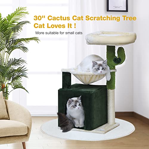 BYPASS Cat Tree 30" Cactus Cat Tower with Sisal Scratching Post for Indoor Cats, Cozy Condo with Hammock, Plush Perches and Dangling Ball, Cat Furniture for Kittens Small Cats