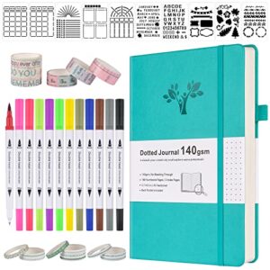 offigift bullet dotted journal kit, 140gsm hardcover a5 dotted journal with 188 numbered pages and 3 index, 12 brush pens dual tip, 10 stencils and 14 washi tape for women men teen girls, teal