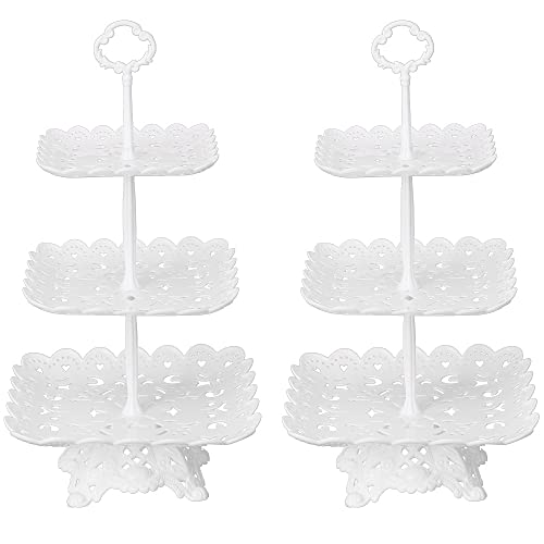 Cupcake Stand, 3-Tier Dessert Plates Mini Cakes Fruit Candy Display Tower Cookie Tray Rack Candy Buffet Holder Plastic Cake Stand for Wedding Home Holiday Birthday Christmas (2PCS Square)