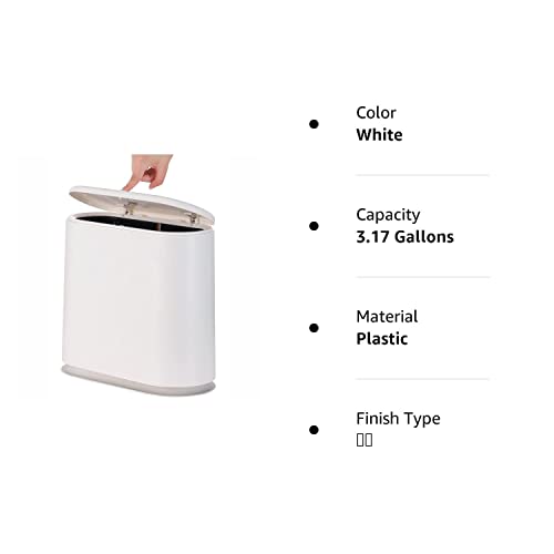 Cq acrylic 12 Liter Rectangular Plastic Trash Can Wastebasket with Press Type Lid,3.17 Gallon Dog Proof Garbage Container Bin for Bathroom,Powder Room,Bedroom,Kitchen,Craft Room,Office White