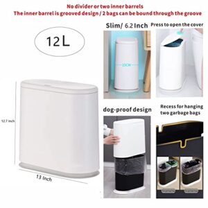 Cq acrylic 12 Liter Rectangular Plastic Trash Can Wastebasket with Press Type Lid,3.17 Gallon Dog Proof Garbage Container Bin for Bathroom,Powder Room,Bedroom,Kitchen,Craft Room,Office White