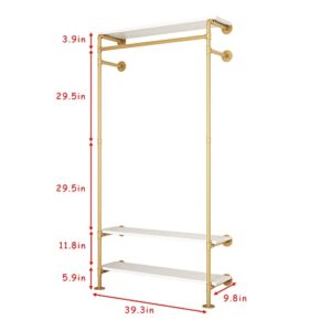 Smlttel Gold Wall Clothing Racks with White Shelves, Wall Mounted Gold Clothes Rack for Hanging Rods，Heavy Duty Pipe Clothing Racks With Three Shelves Retail Display Garment Rack for Home