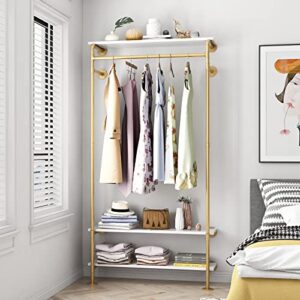 Smlttel Gold Wall Clothing Racks with White Shelves, Wall Mounted Gold Clothes Rack for Hanging Rods，Heavy Duty Pipe Clothing Racks With Three Shelves Retail Display Garment Rack for Home