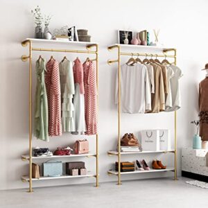 Smlttel Gold Wall Clothing Racks with White Shelves, Wall Mounted Gold Clothes Rack for Hanging Rods，Heavy Duty Pipe Clothing Racks With Three Shelves Retail Display Garment Rack for Home